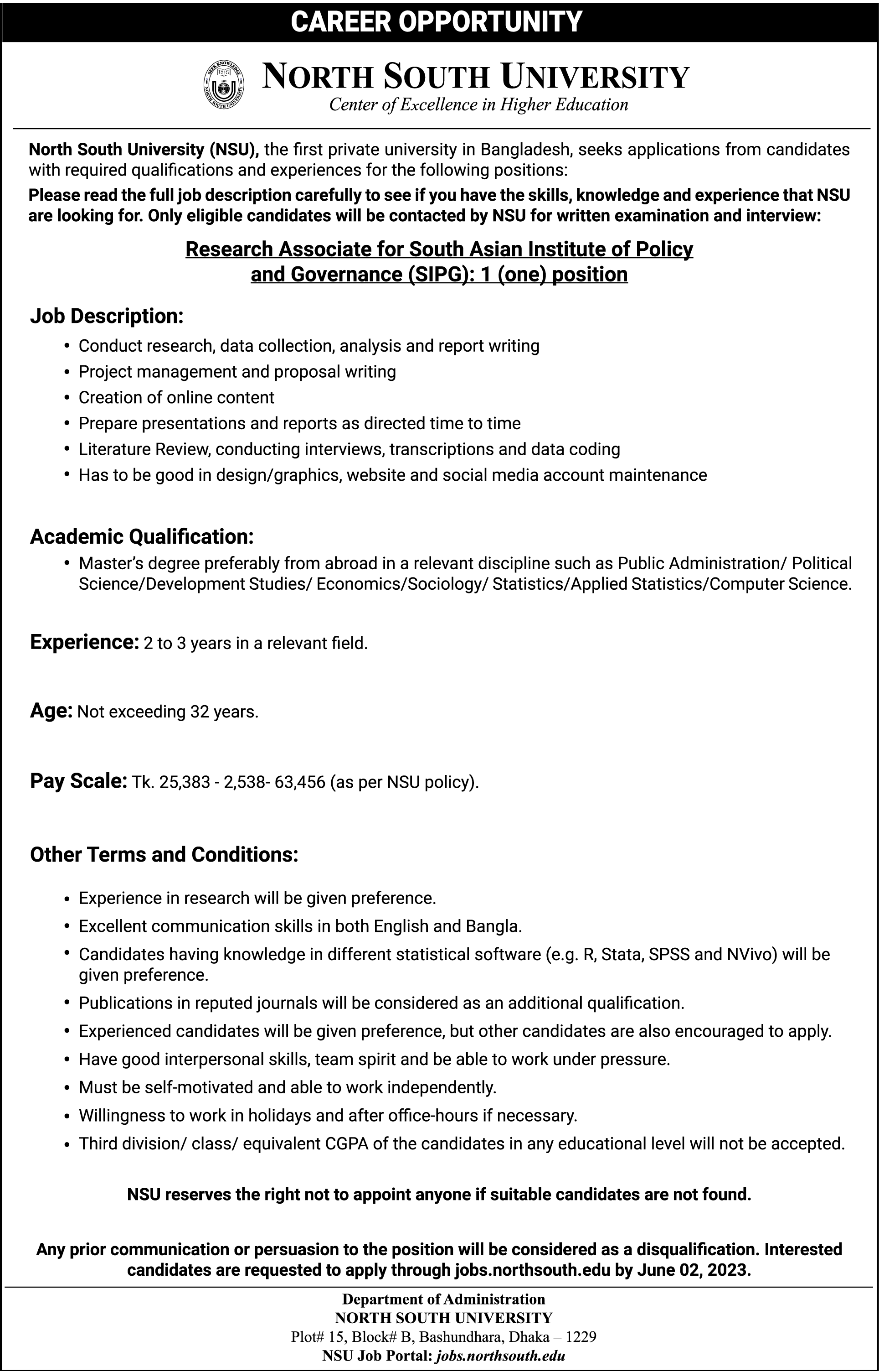Vacancy for Research Associate | North South University